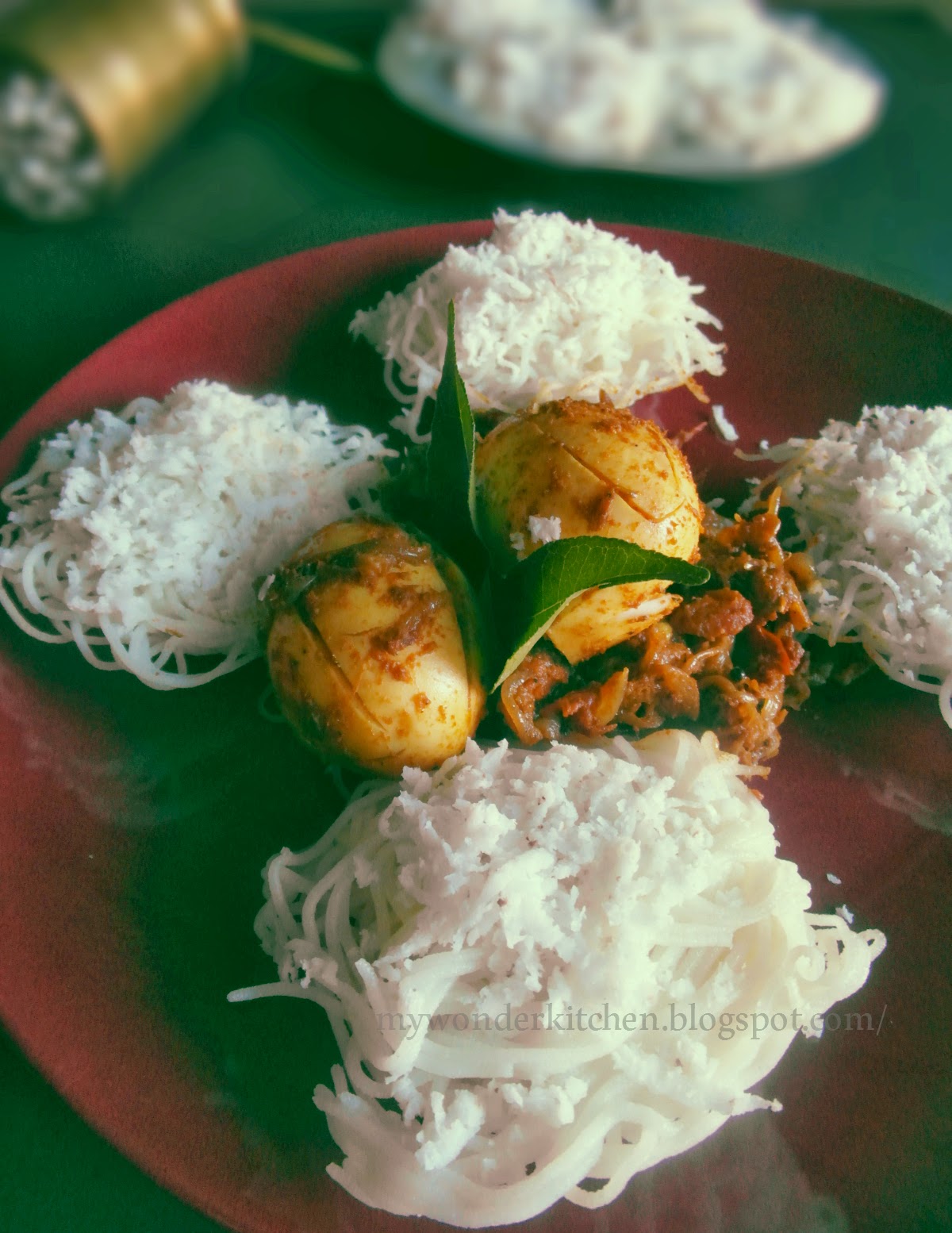 Idiyappam|String hoppers|Nool puttu|Sevai served with Kerala Egg Roast