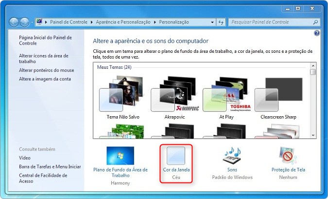 teste 2: Como mudar a cor e a aparência das janelas do Windows