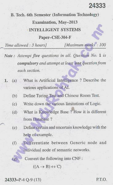 Intelligent systems - IS - May 2013 - B.Tech. 6th Semester Question Paper