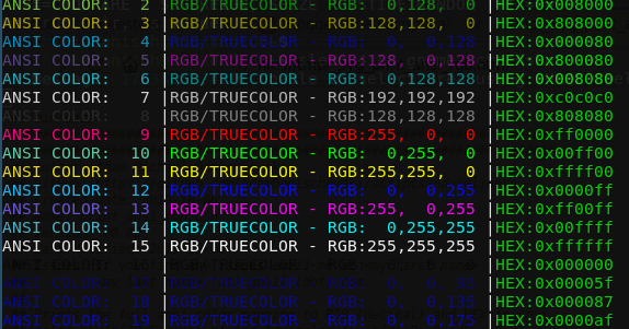 Shell scripts and one liners: Print Ansi Colors in RGB Hex/Decimal