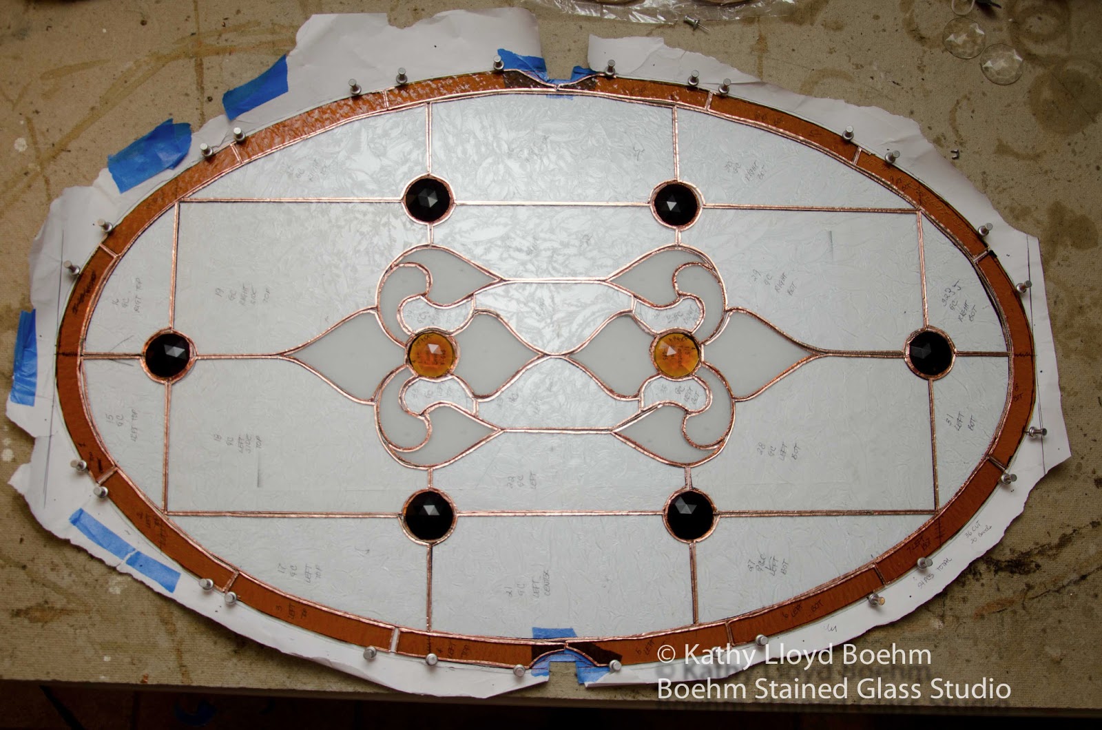 Boehm Stained Glass Blog: Oval window with Bevels and Gems - Copper Foiling
