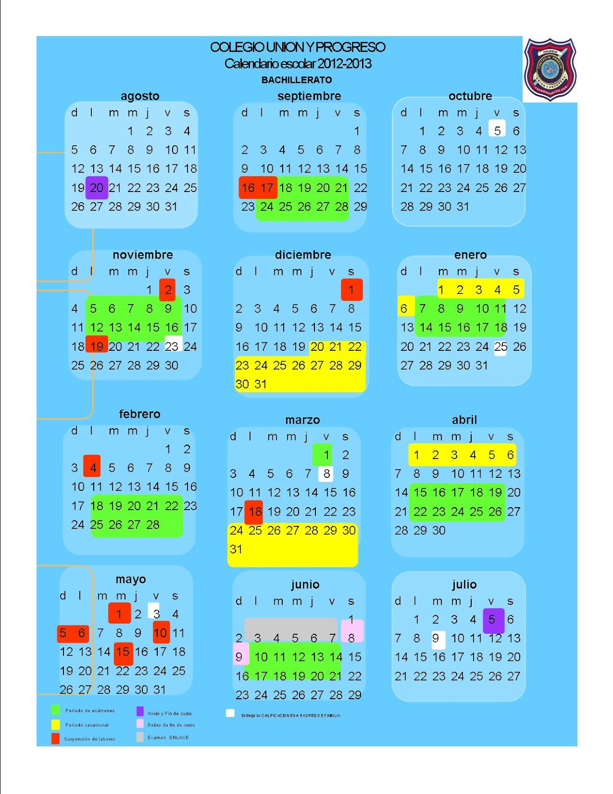 Bachillerato Union y Progreso: Calendario de actividades