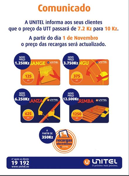 Preços das recargas de UTT da Unitel entre 1250 kzs e 12500 kzs a ...