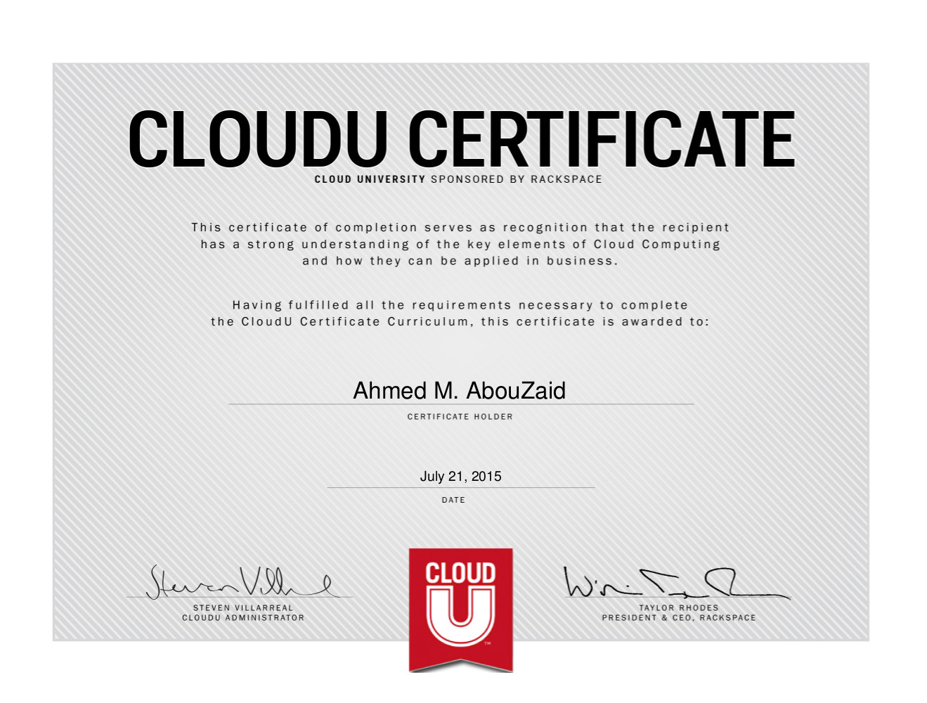 CloudU Certificate? good but not for 2015! ~ Ahmed AbouZaid!