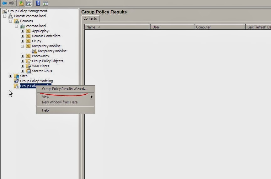 Windows 2008 Serwer -Śledzenie wyników zasad grup -Group Policy Result ...