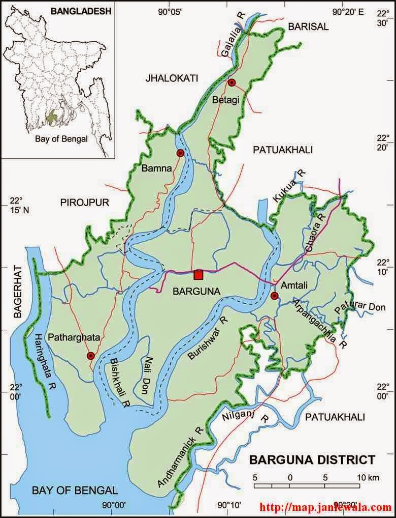 Barguna Zila Map, Barisal Division, Bangladesh