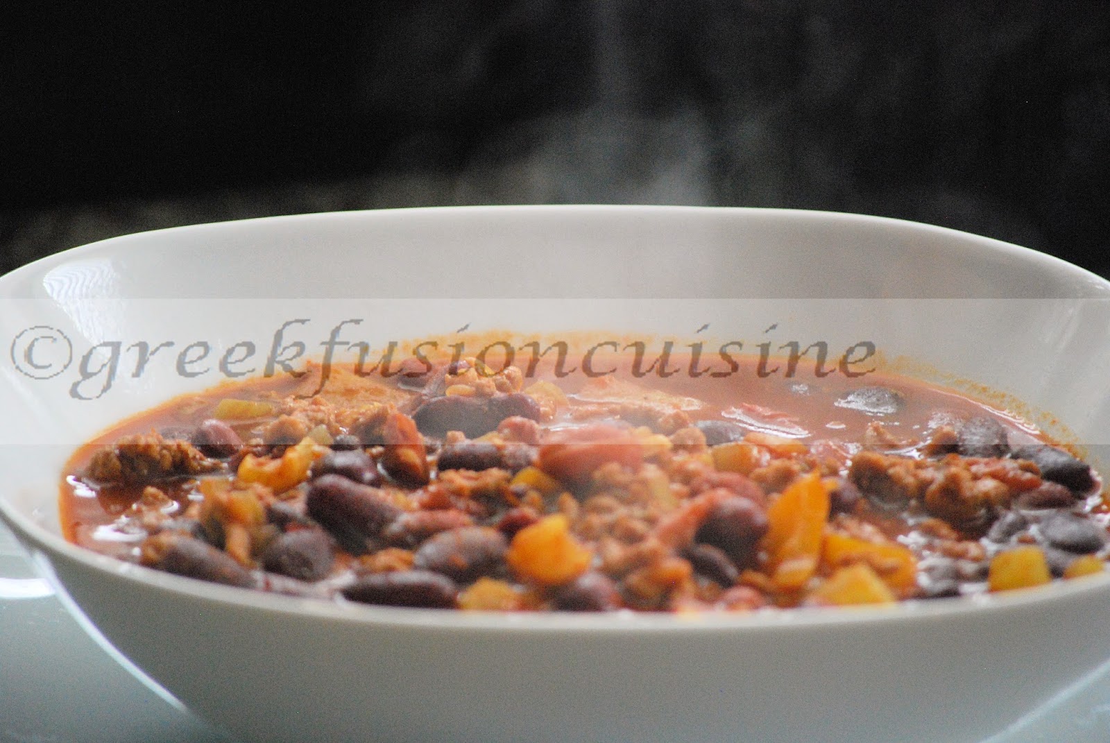 Greek Fusion Cuisine: Greek Style Chili with ground turkey and vegetables