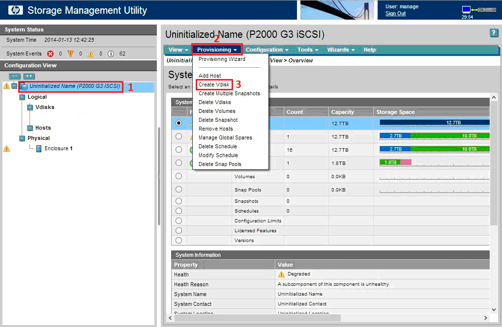 Pantallazos.es: HP P2000 G3: Configurar un nuevo vdisk.