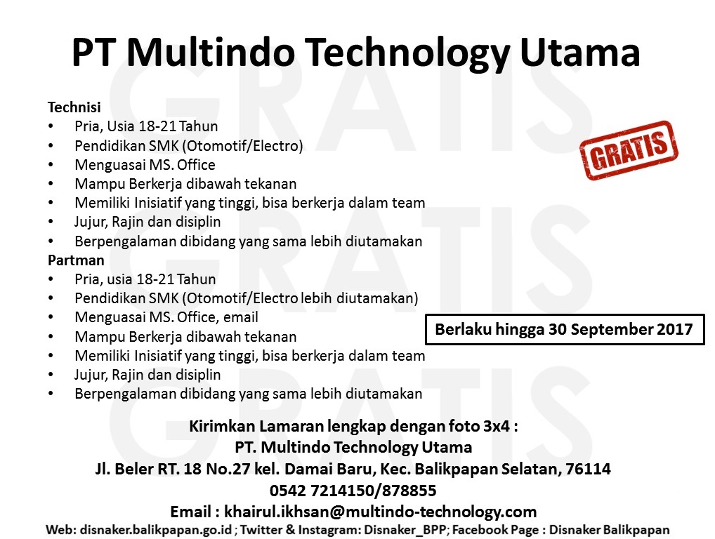 Lowongan Kerja Kota Balikpapan: Lowongan PT Multindo Technology Utama