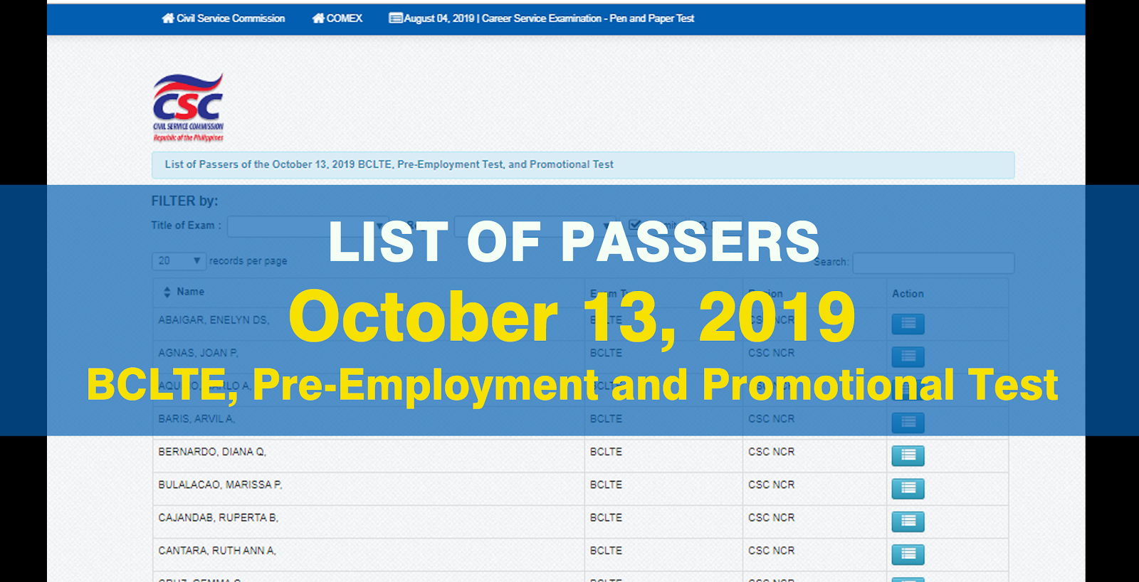 Civil Service Exam PH: EXAM RESULTS: October 13, 2019 BCLTE, Pre ...