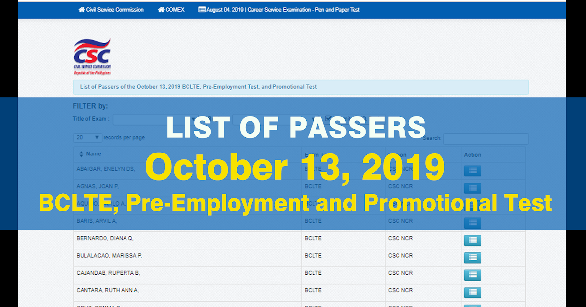 Civil Service Exam PH: EXAM RESULTS: October 13, 2019 BCLTE, Pre ...