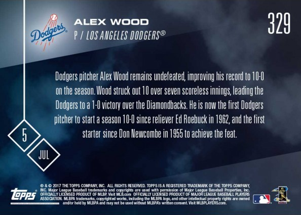 Dodgers Blue Heaven: 2017 Topps Now -- #329 -- Alex Wood's Dominant 10 ...