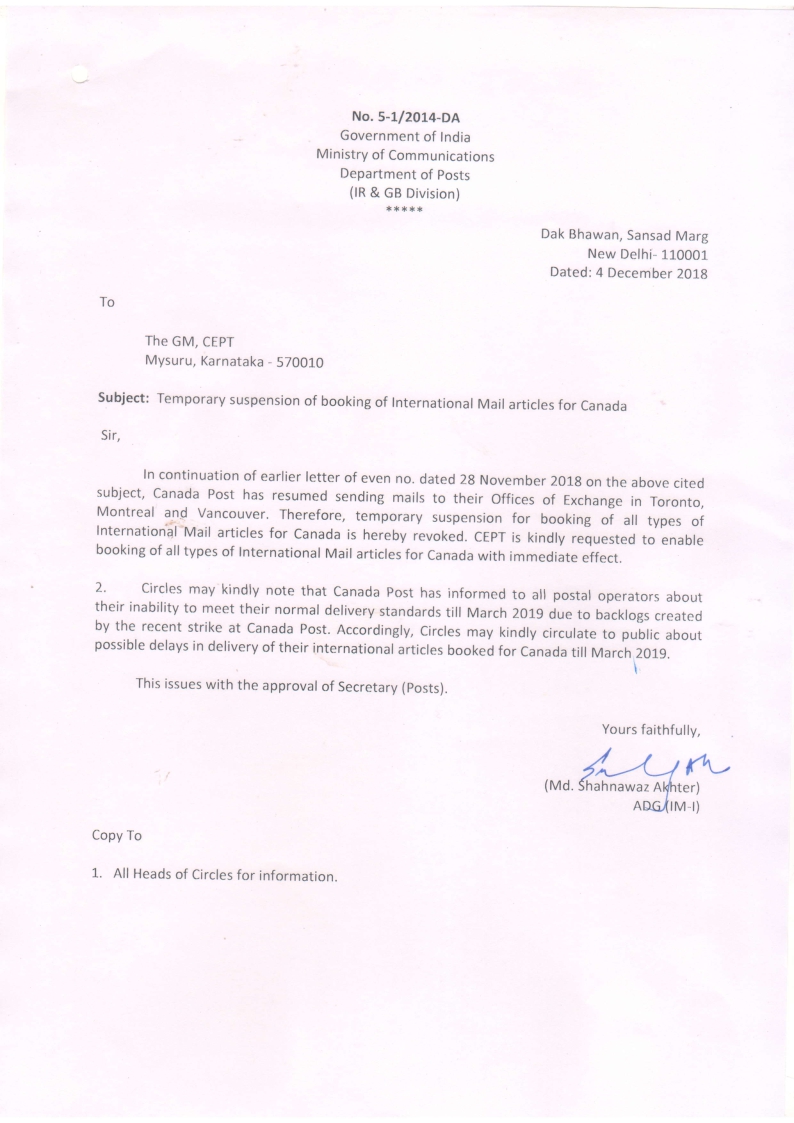 Temporary Suspension for booking of International Mail articles for ...