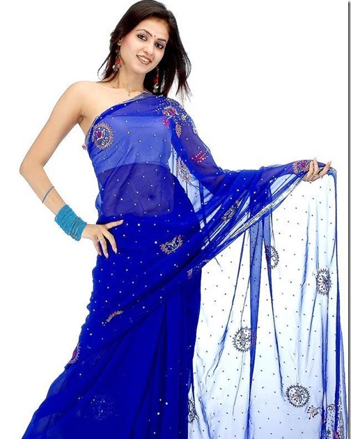 Model Displaying Navy Blue Designer Mirror Work Georgette Saree - Saree ...