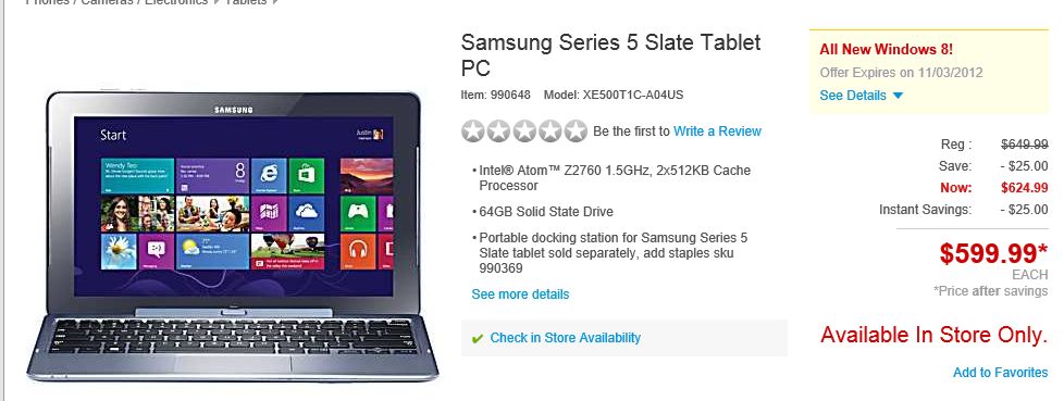 HGGadgets: Samsung XE500T Windows 8 Tablet at Staples for $599