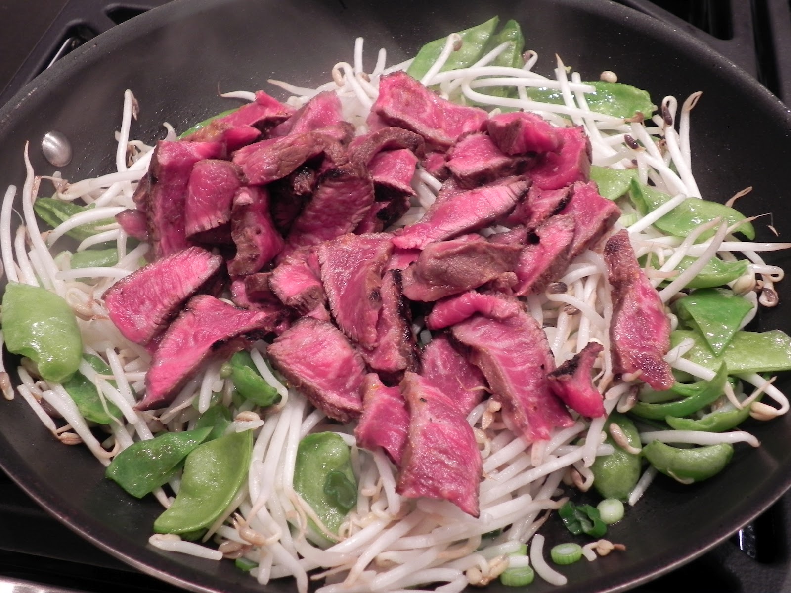 Lexi's Kitchen: SEARED BEAN SPROUTS WITH PEAS, BEEF, AND ORANGE SAUCE