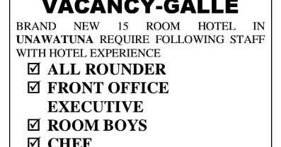 Hotel Vacancies for All Rounder, Front Office Executive, Room Boys, Chef