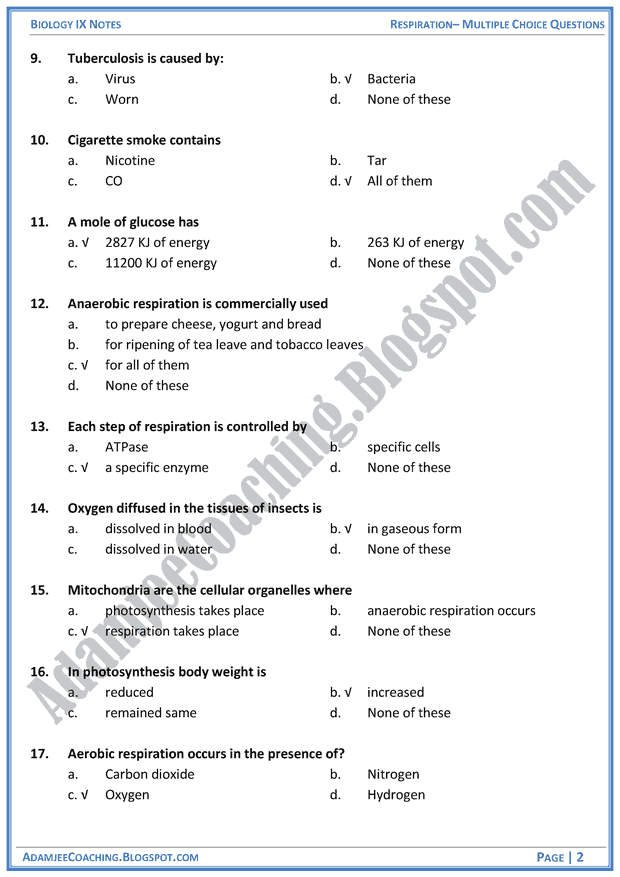 Adamjee Coaching: Respiration - MCQs - Biology Notes for Class 9th