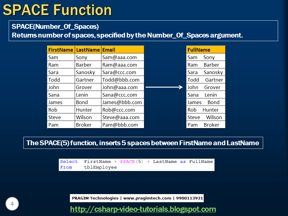 Sql server, .net and c# video tutorial: Part 24 – String functions Continued