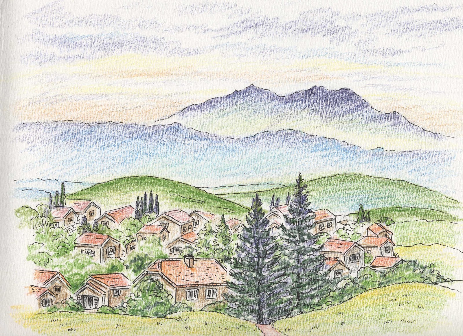 Small Town In The Mountains - Watercolor Pencils - Step By Step