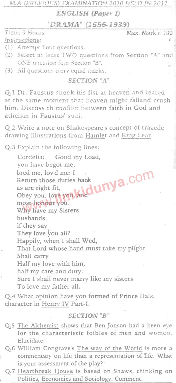 KNOWLEDGE FOR ALL: QUESTION PAPER M.A (PREVIOUS) EXAMINATION, ENGLISH ...