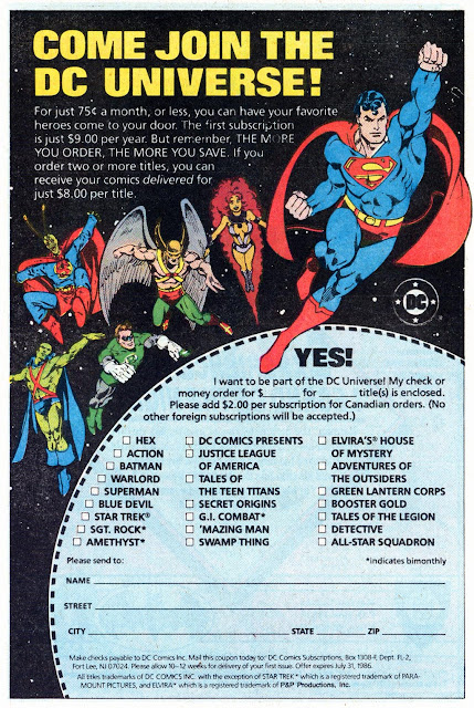 DC Comics of the 1980s: 1986 - DC Subscription House Ad