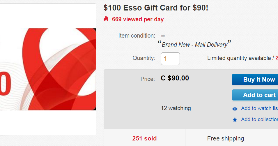 $100 Esso Gift Card 卖 $90