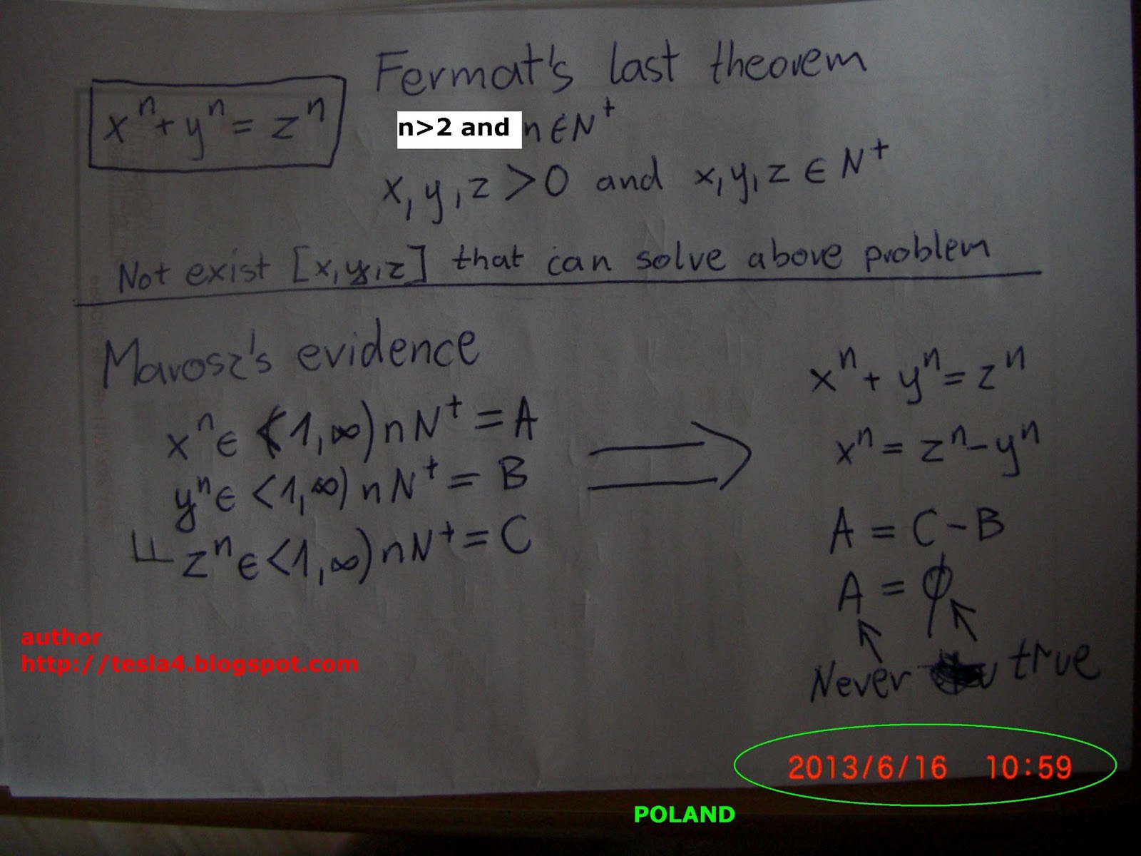 Fermat's last theorem ( only one A4 page) | Physics Forum