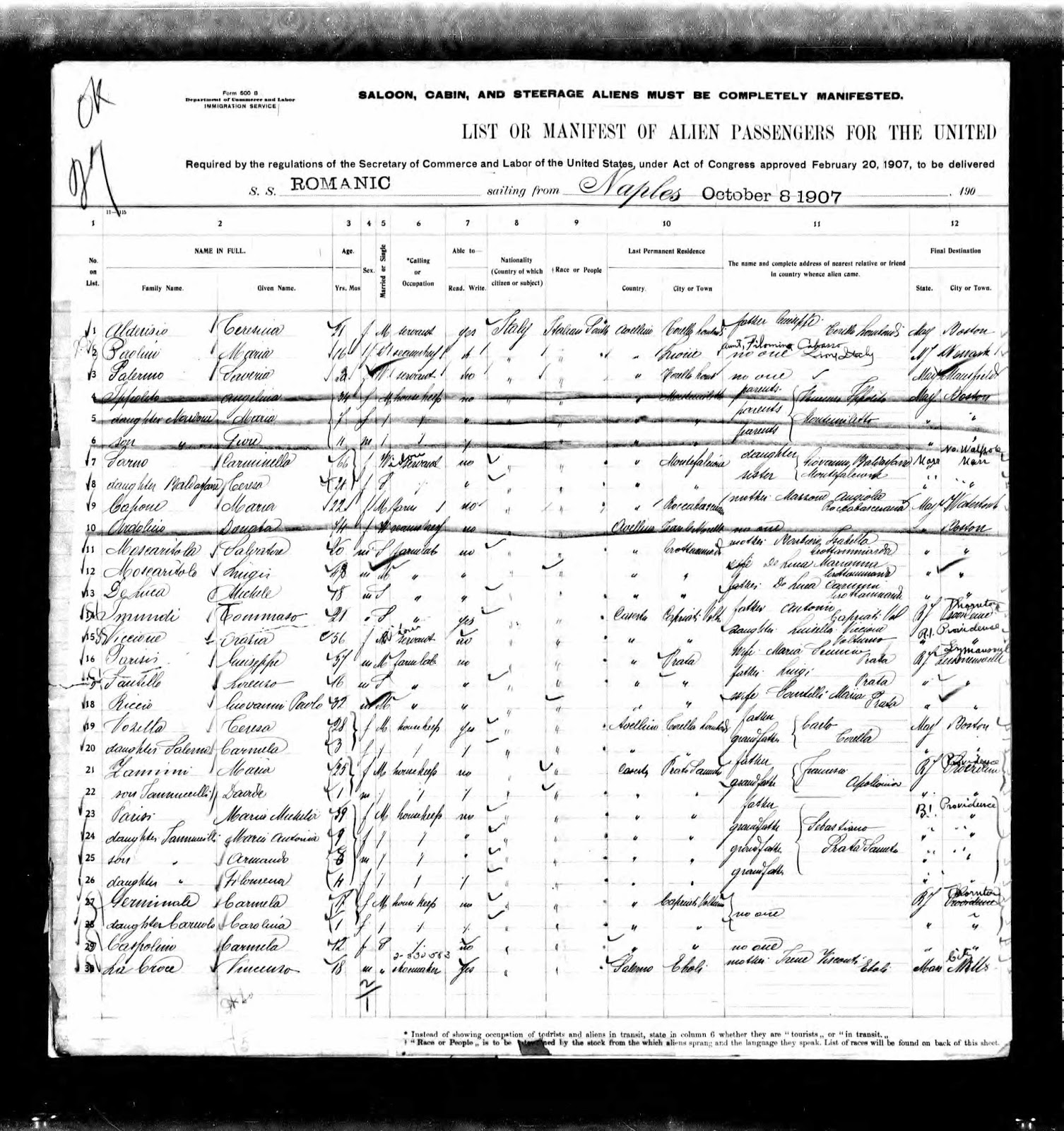 The Genealogy of Torre le Nocelle, Italy: Ship Manifest: SS Romanic ...