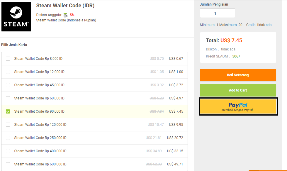 Cara Membeli Steam Wallet Dengan Paypal Di SEAGM