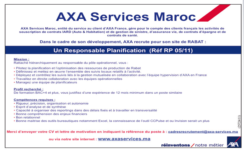Axa service au Maroc recrute un responsable de planification ~ الأطلس