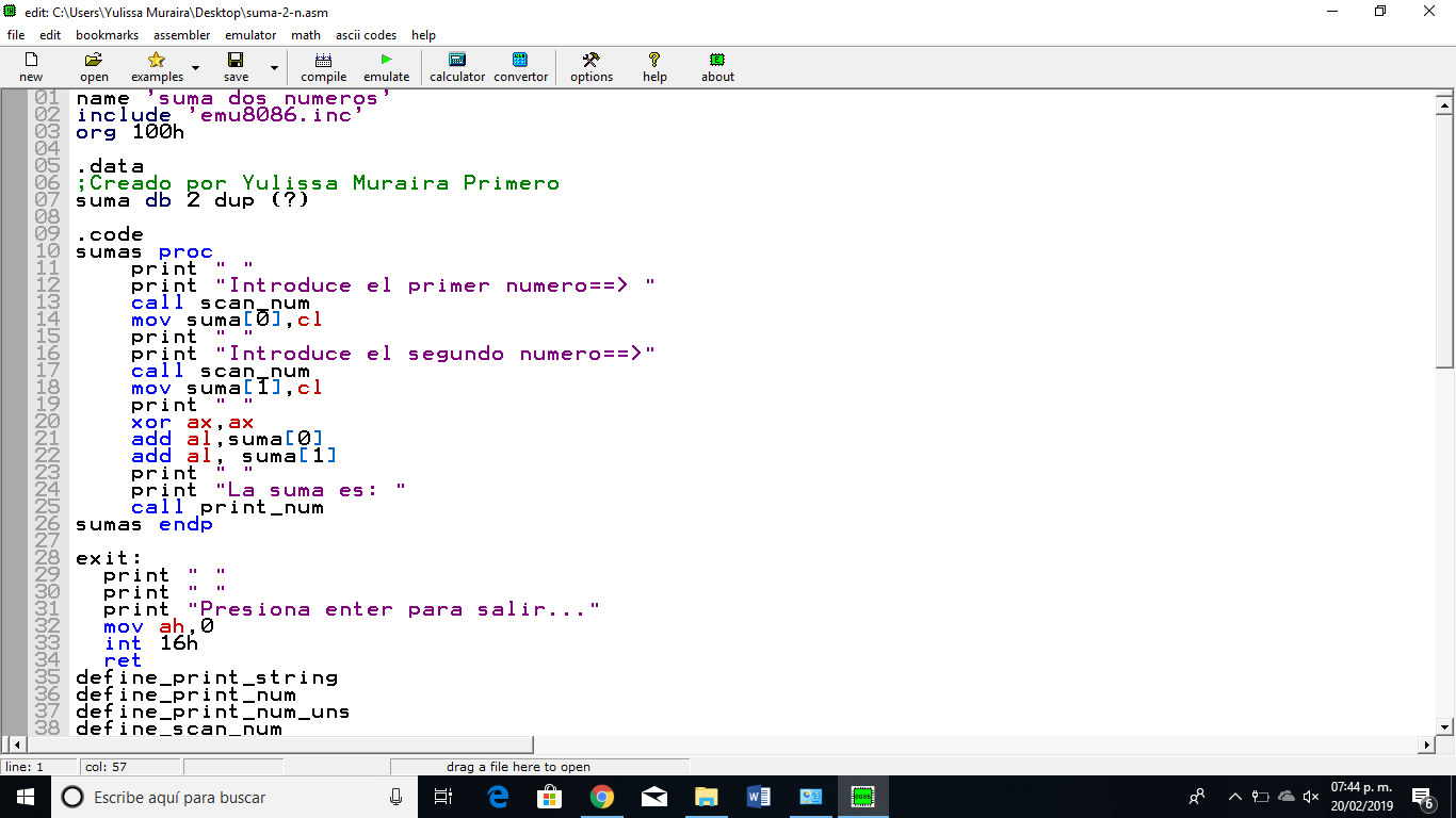 Lenguajes de Interfaz: Unidad No.1-Programa de la suma de dos numeros ...