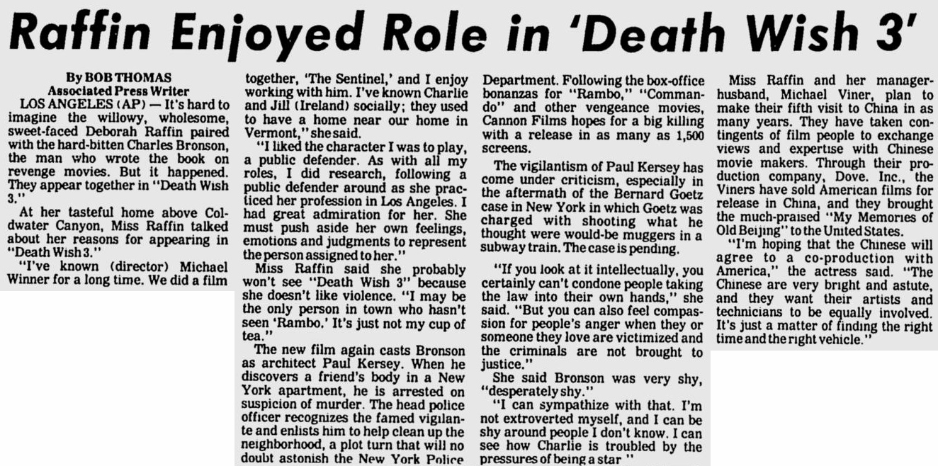 Everything Deborah Raffin: Deborah Raffin talks Death Wish 3