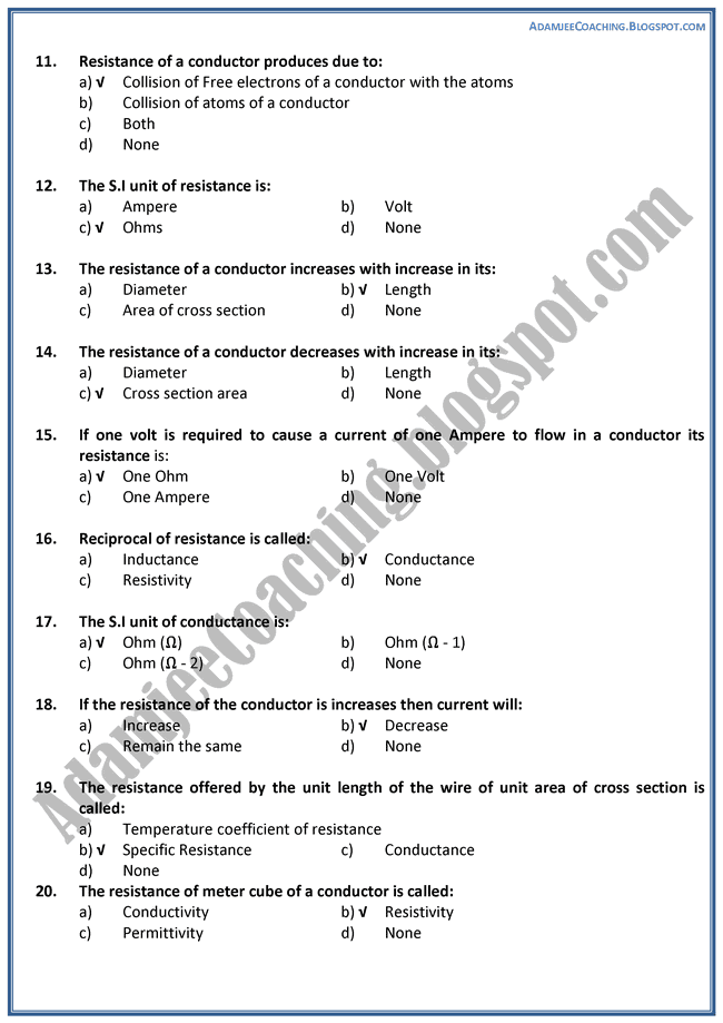 Adamjee Coaching: XII Physics MCQS - Current Electricity Adamjee Coaching: XII Physics MCQS - Current Electricity
