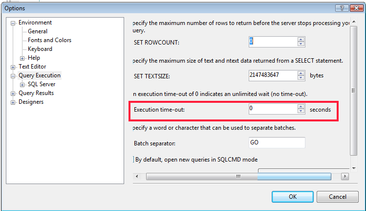 How to fix CommandTimeout in SQL Management studio