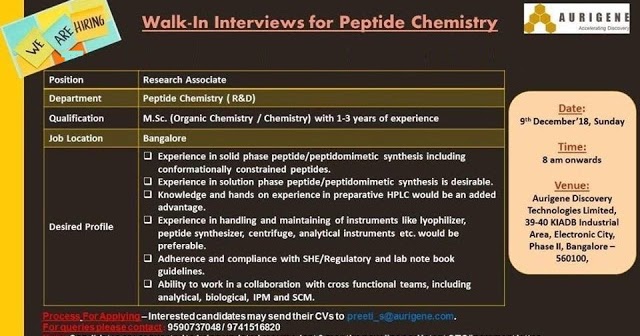 NABL GUIDELINES: AURIGENE - Walk-In Interviews on 9th December 2018 for R&D Department in Bangalore