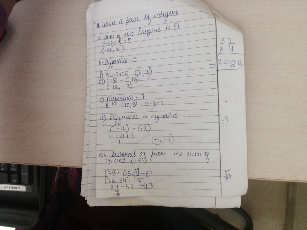 PIS VADODARA STD 7: Grade 7 Math Notebook Work