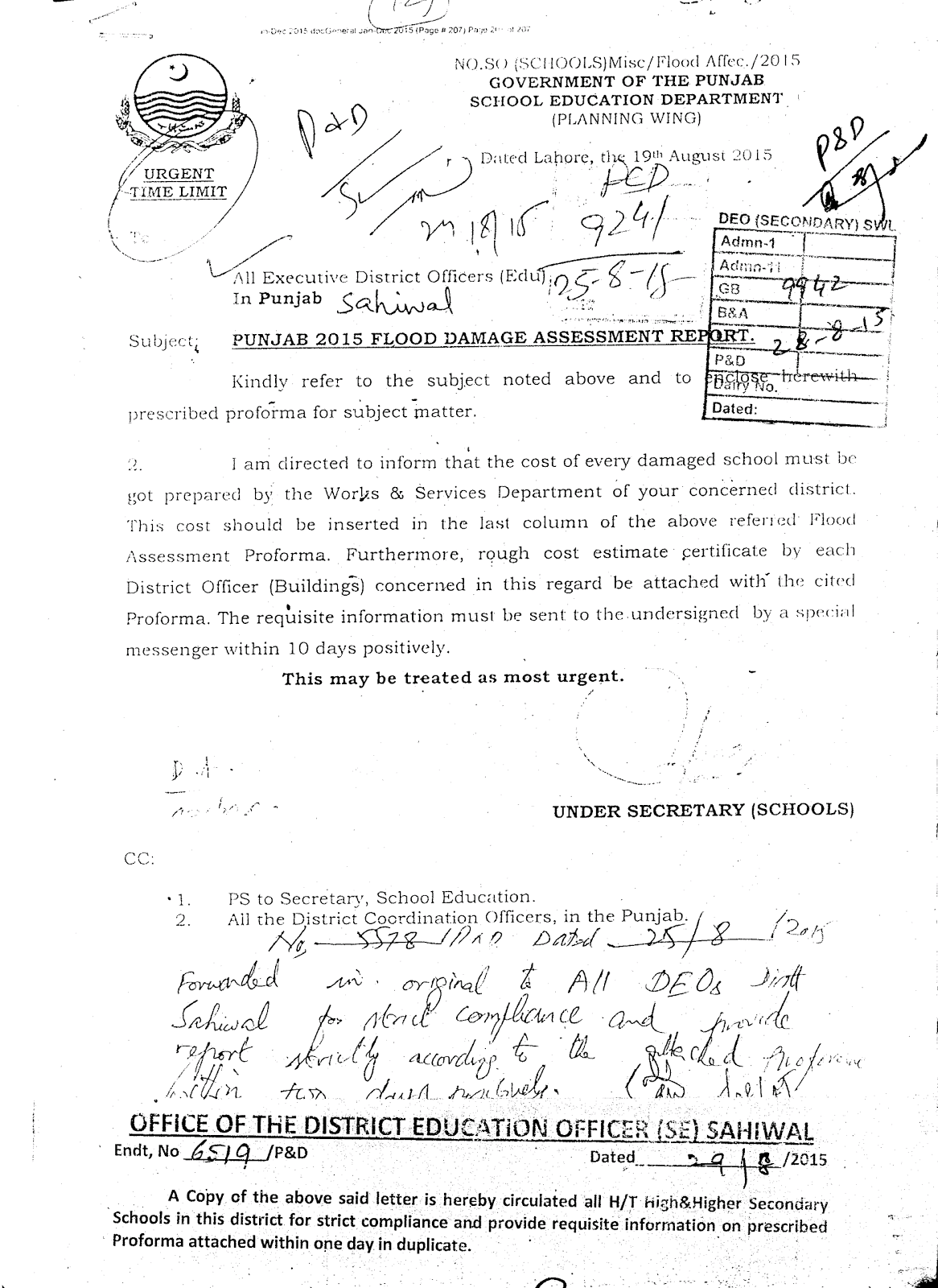 Punjab 2015 Flood Damage Assessment Report Letter No. 6519 Dated 29-08 ...