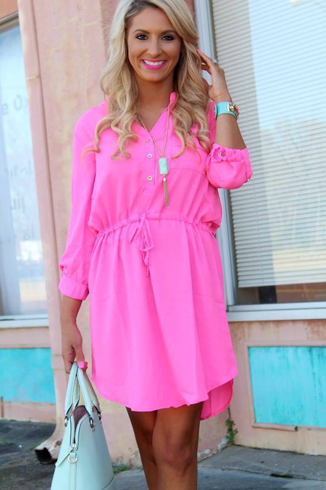 The Gaudy Mom: Hot Pink Drawstring Shirt Dress