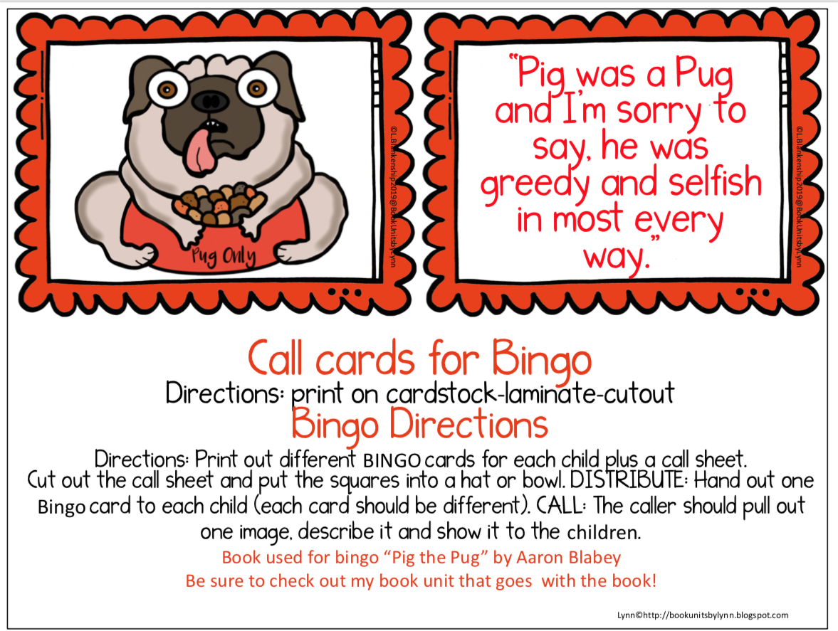 PIG THE PUG BINGO GAME ~ Book Units by Lynn