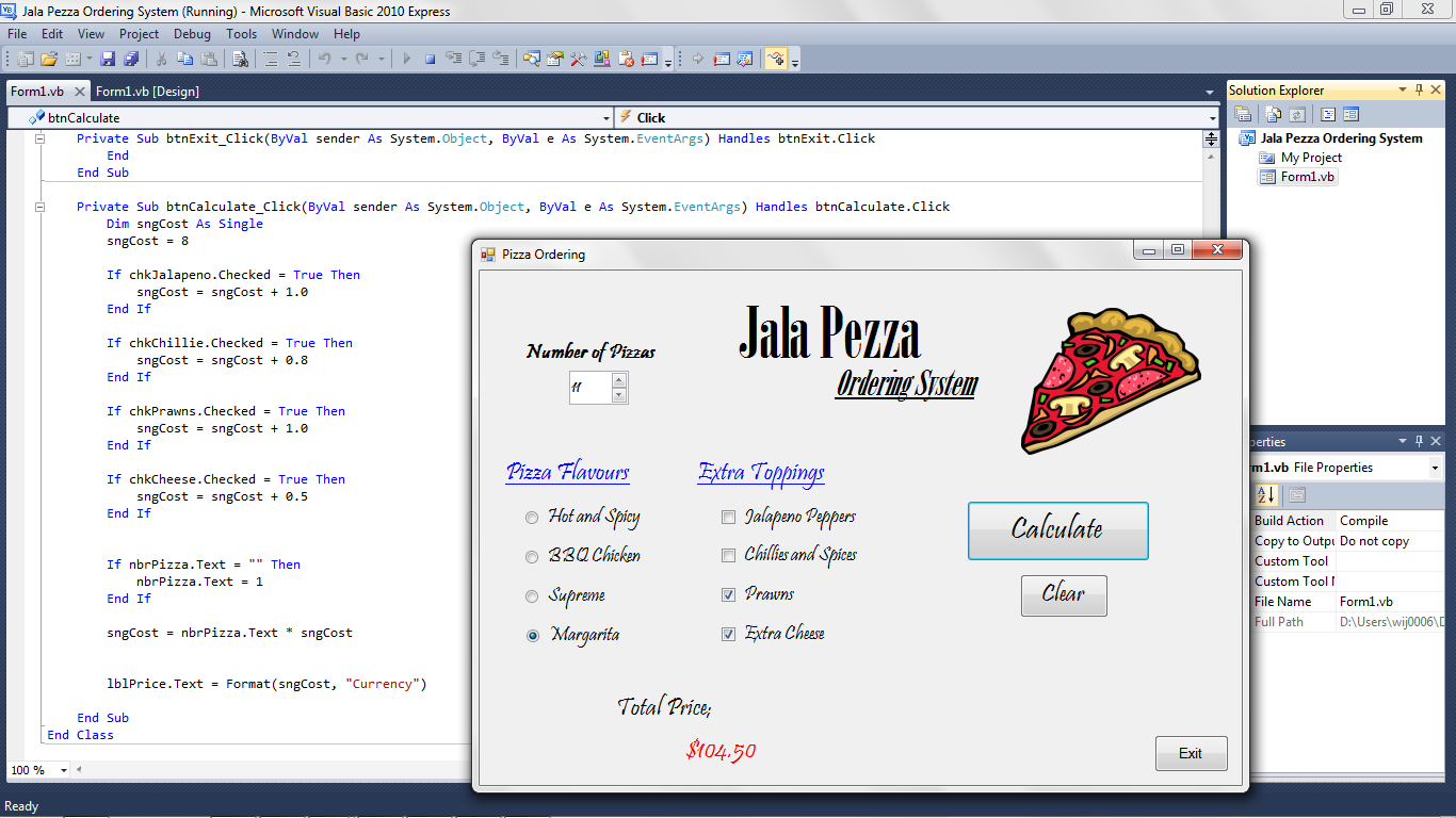 Sahan's IT Applications Unit 2: Jala Pezza Pizza Ordering - Visual Basic