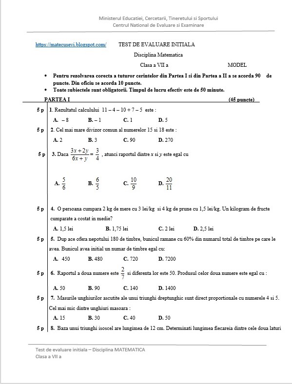 Mate Cu Sevi Test Initial Clasa A Vii A Model Elaborat De Centrul | My ...
