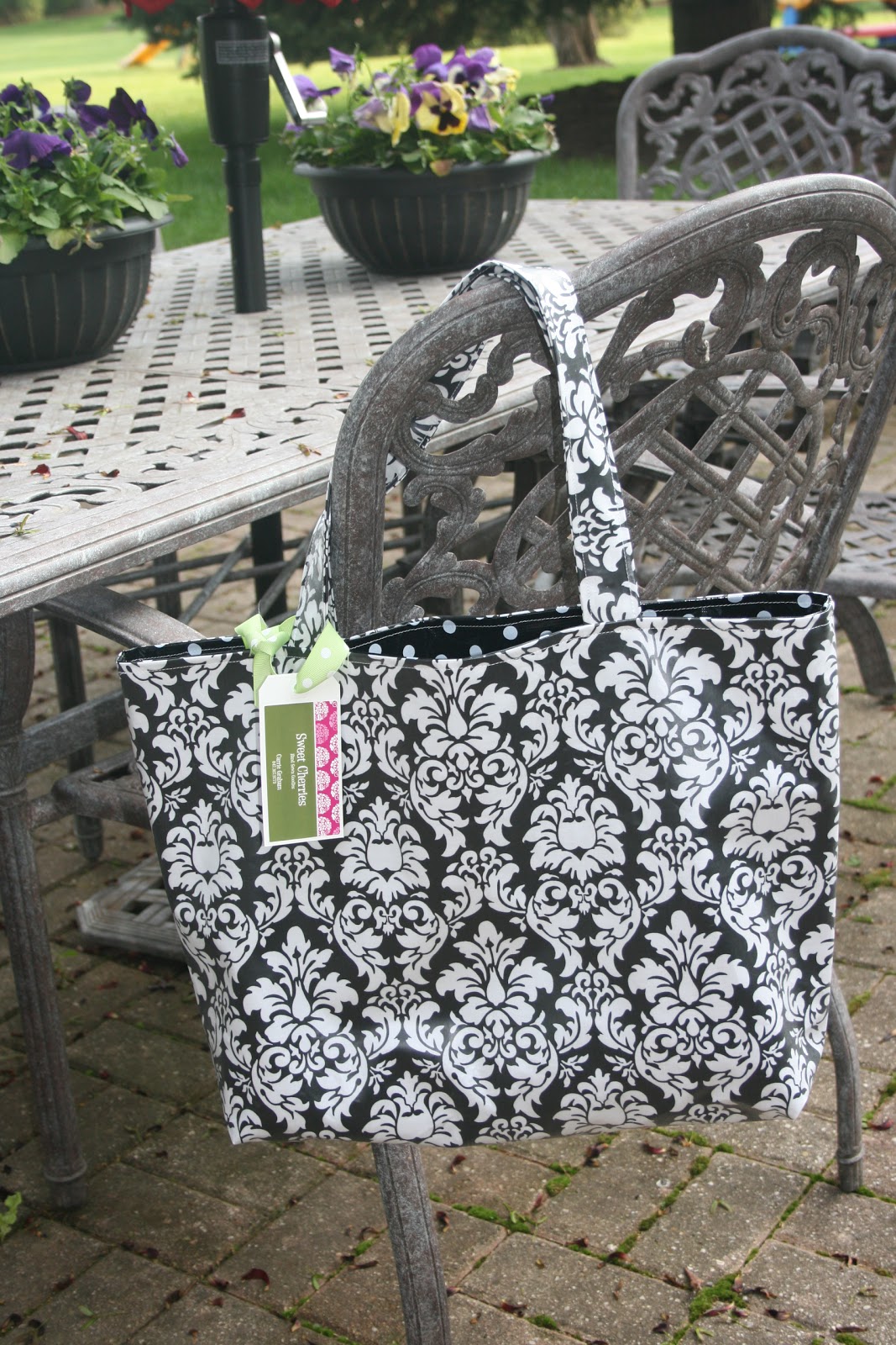 Sweet Cherries: Black Damask Vinyl/Oil Cloth Bag