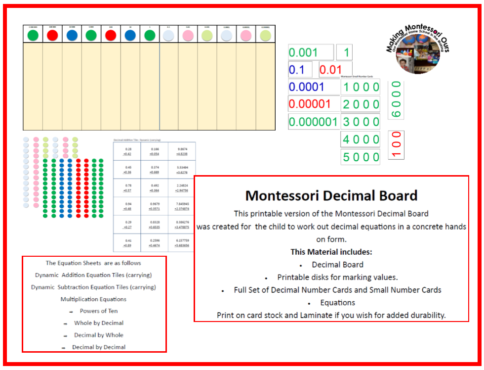 "Making Montessori Ours": Montessori Decimal Board Printable Materials ...