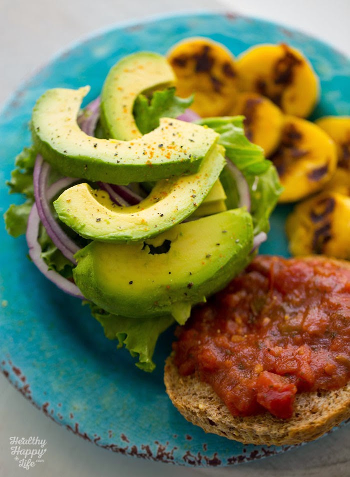 Black Bean Plantain Veggie Burgers with Avocado - HealthyHappyLife.com