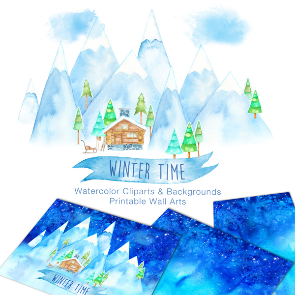 Katona Dóra: Winter Time Watercolor Cliparts, Backrounds and Wall Arts