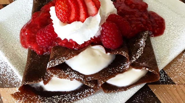 Hot Chocolate Crepes with Red Berry Sauce
