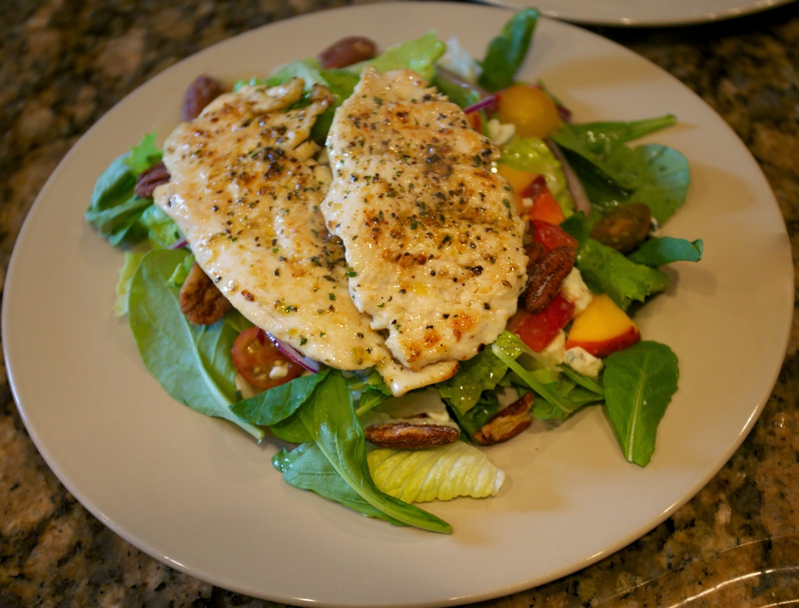 Chicken Paillards on a Peach and Blue Cheese Salad
