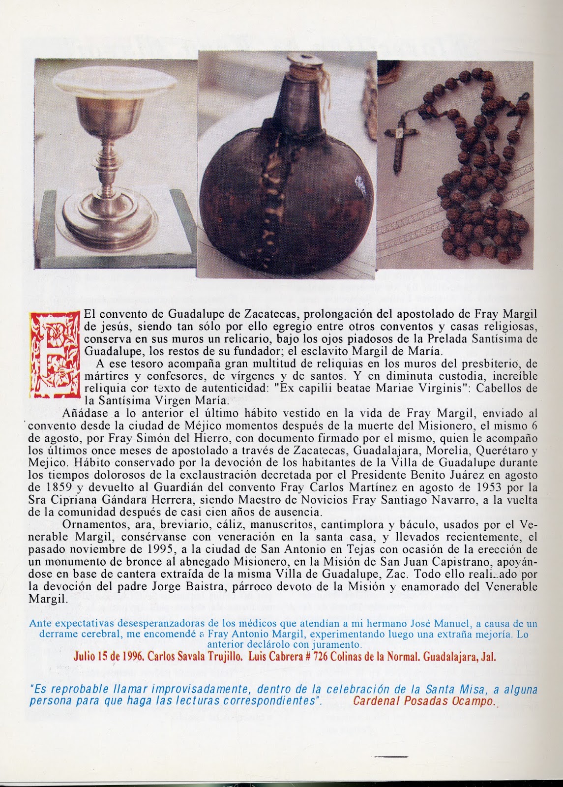 Historia de la Diócesis de Zacatecas. : Las reliquias del Padre Margil ...