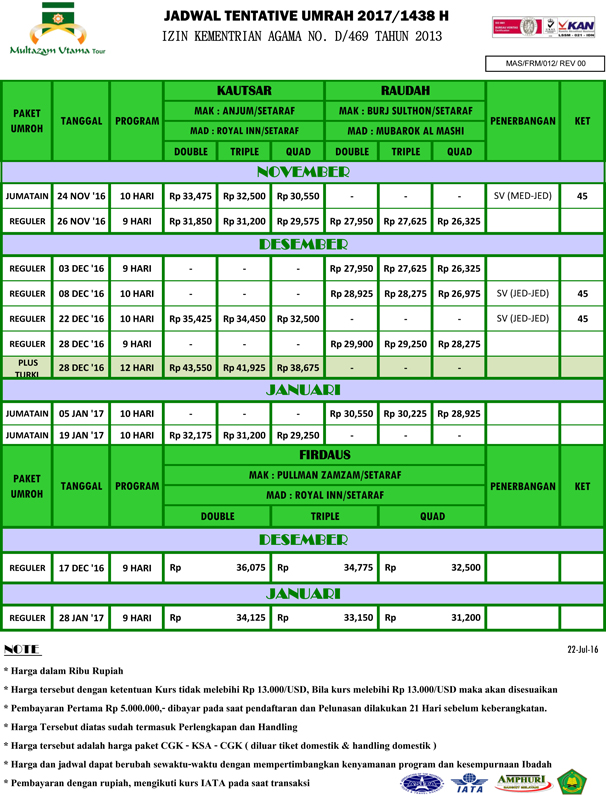Schedule Tentative Umroh bulan November s.d. April 2017 - Multazam ...